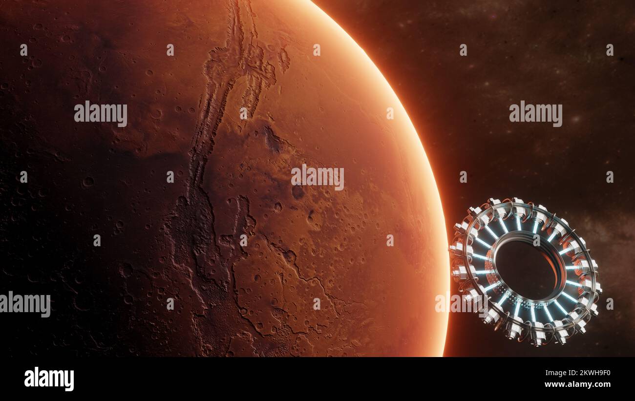 International scientific space station orbiting around planet Mars ...