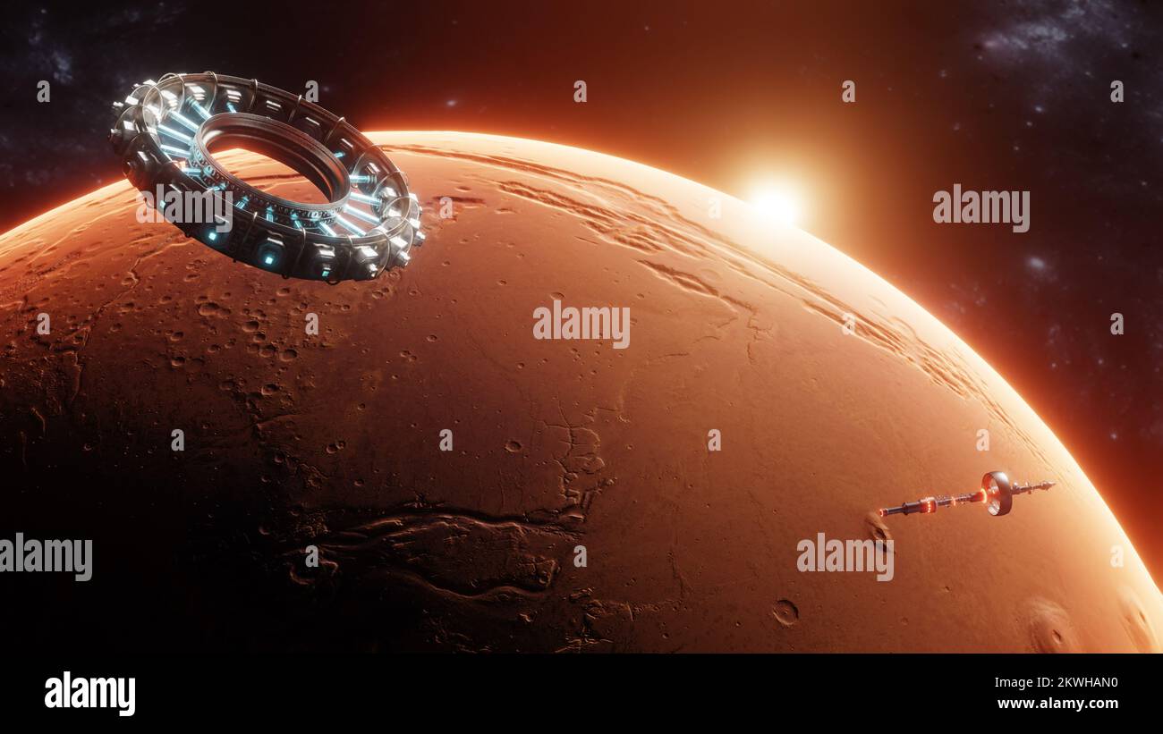 View of Mars and a spaceship from satellit using high technology ...