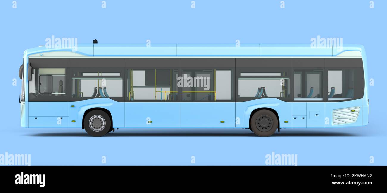 Side of blue city bus with open dors 3d render image on blue Stock ...