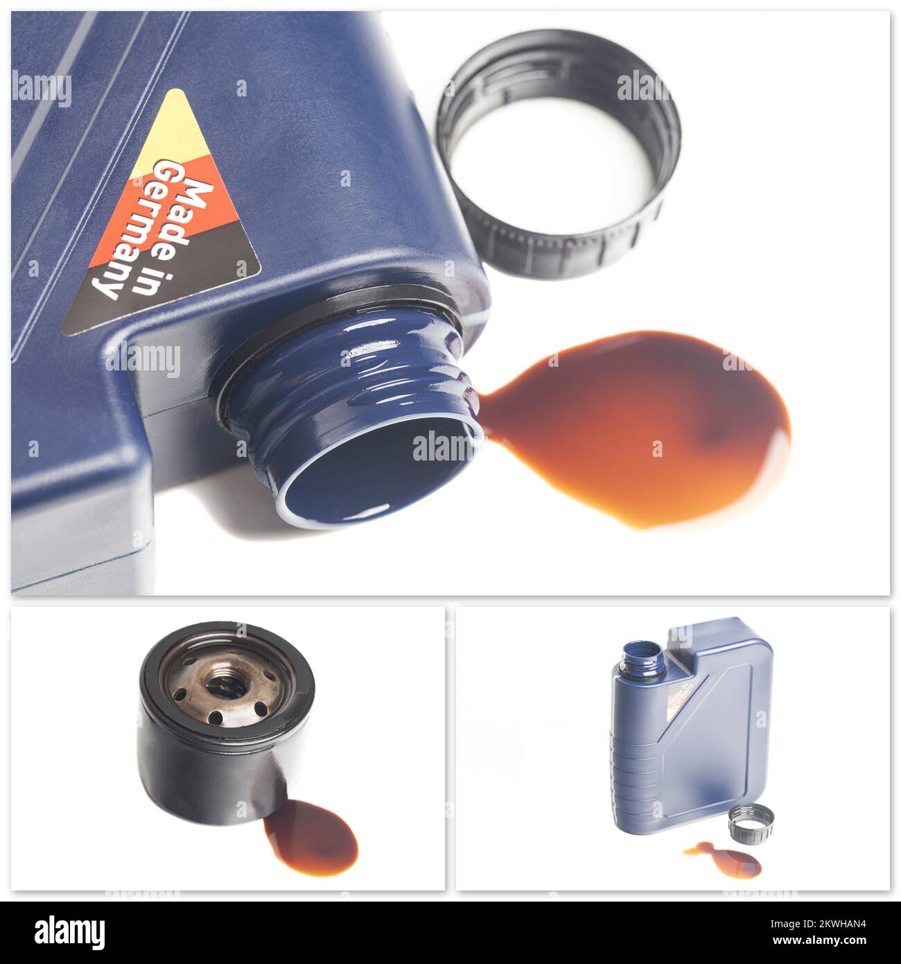 Collage with open engine oil bottle with a puddle of engine oil ...