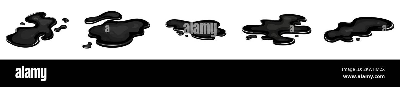 Set of Spill of black oil puddle industry. Stain ink drop of petrol ...