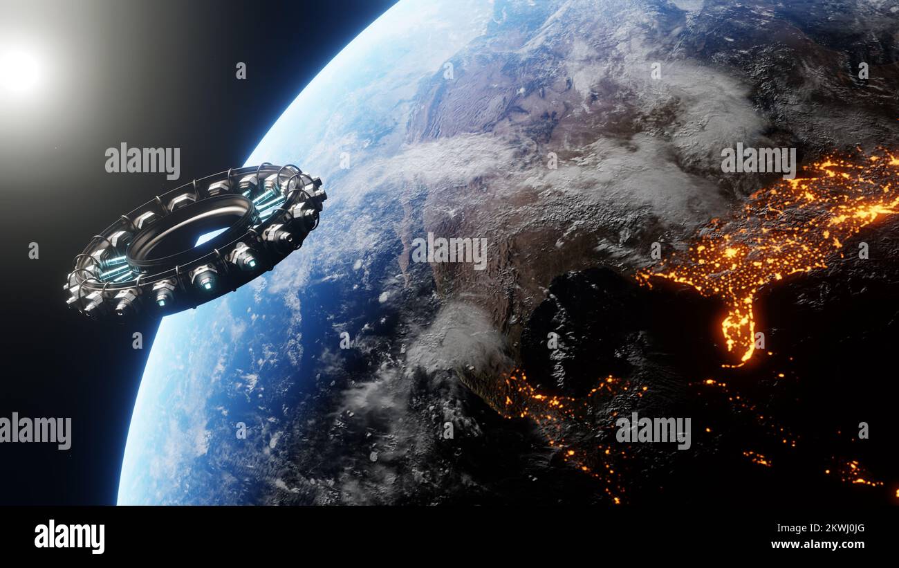 A view of the earth and a spaceship from satellit using high technology ...