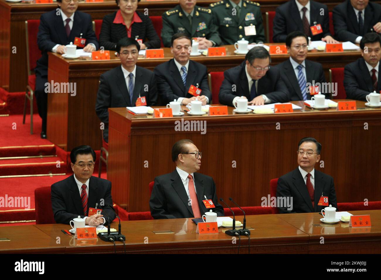 (Front L-R)Hu Jintao; Jiang Zemin and Wen Jiabao. Hu Jintao delivers a ...