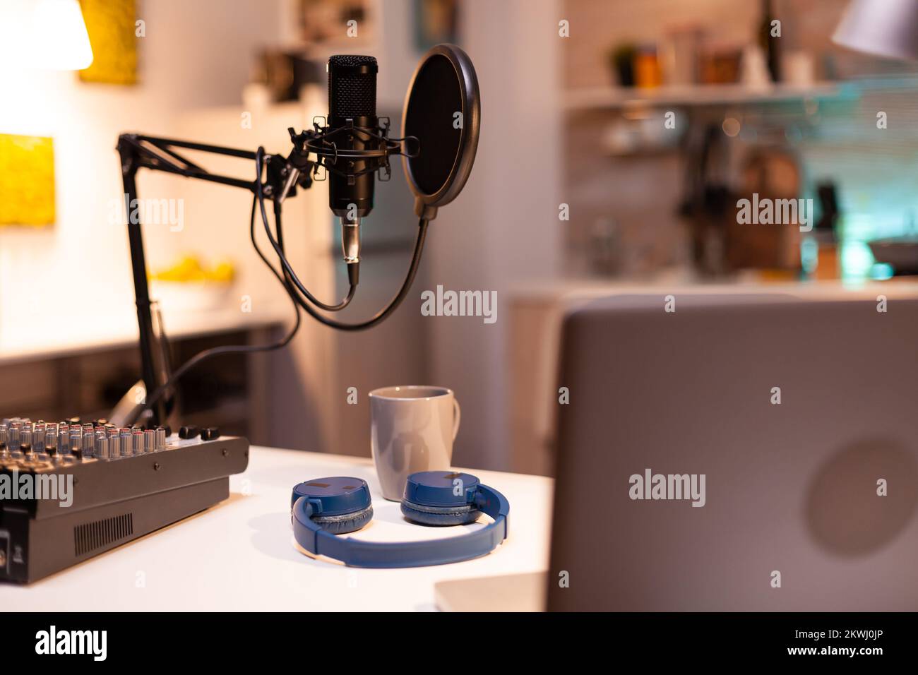Online live podcast studio desk with microphone in home studio of ...