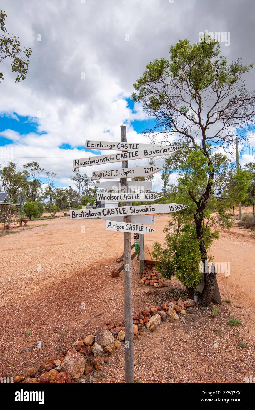 A signpost pointing to other cities and castles, outside Ridge Castle ...