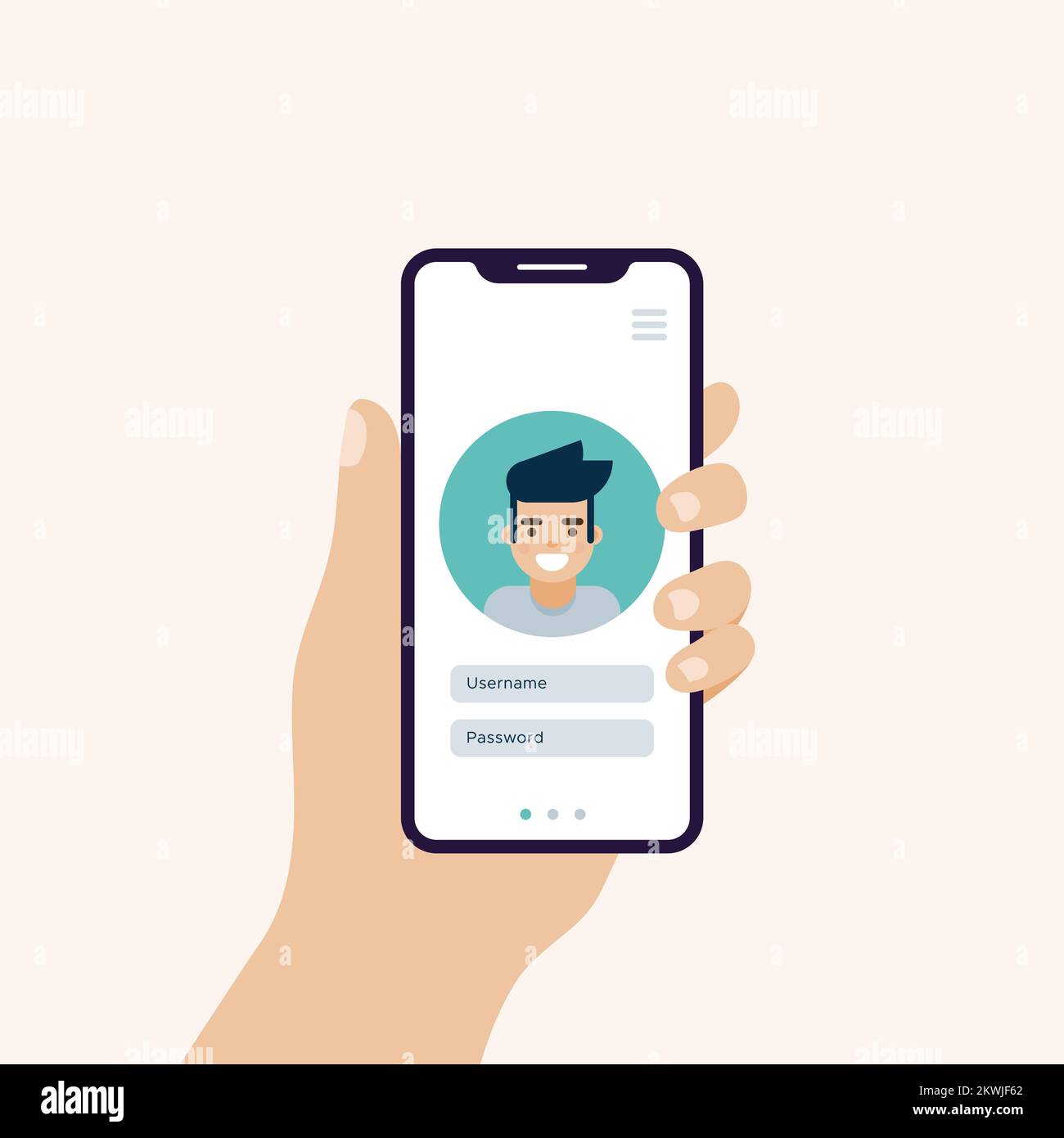 Hand holding smart phone in vertical position banner. Screen with login ...