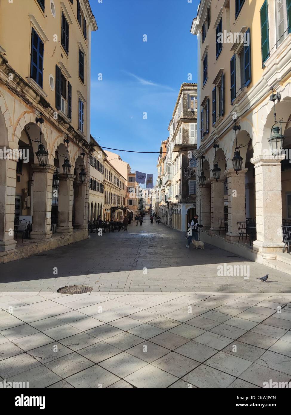 Corfu Island Greece, Liston Square Old Town With People Walkin On ...