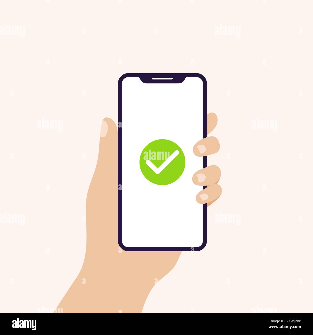 Hand holding smart phone in vertical position banner. Screen with green ...