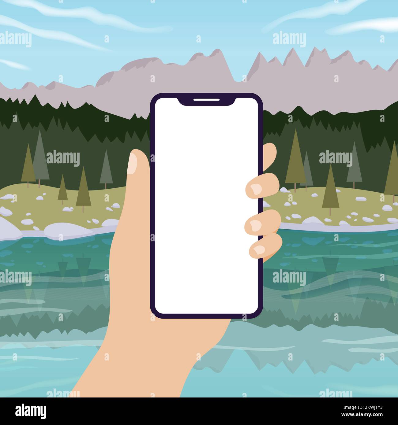 Hand holding smart phone in vertical position banner. Nature landscape ...