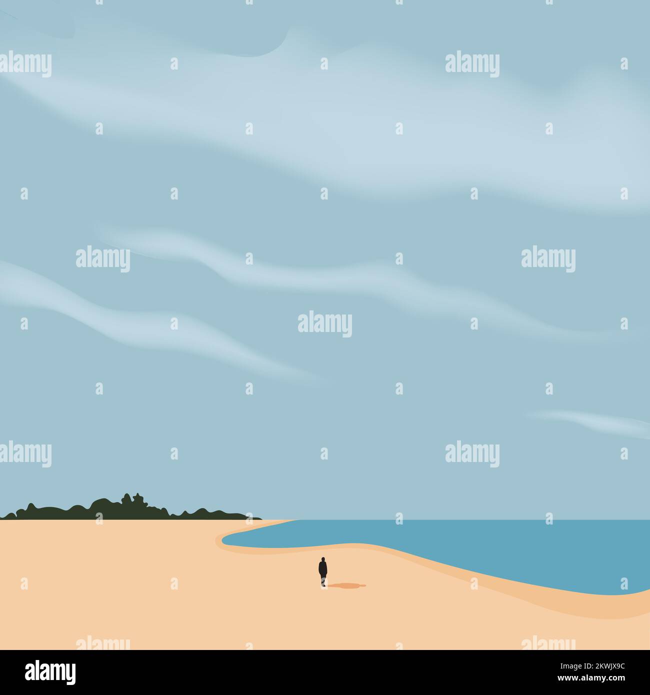 Lonely beach with a person in the middle. Minimalist landscape. Vector ...