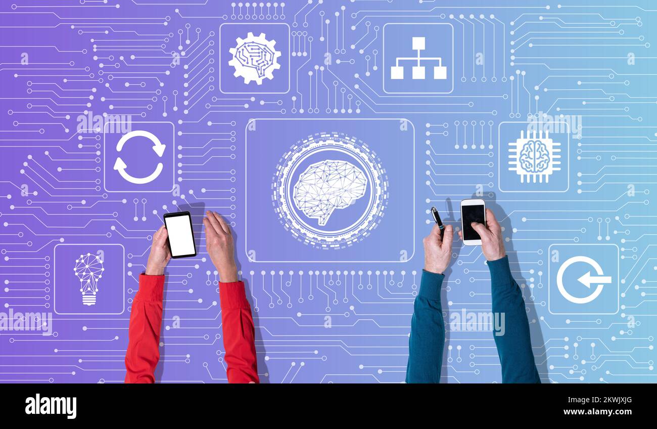 Top view of hands using mobile phone with symbol of deep learning ...