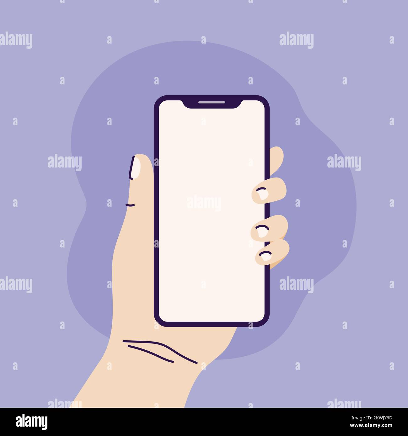 Hand holding smart phone in horizontal position. Empty screen. Vector ...