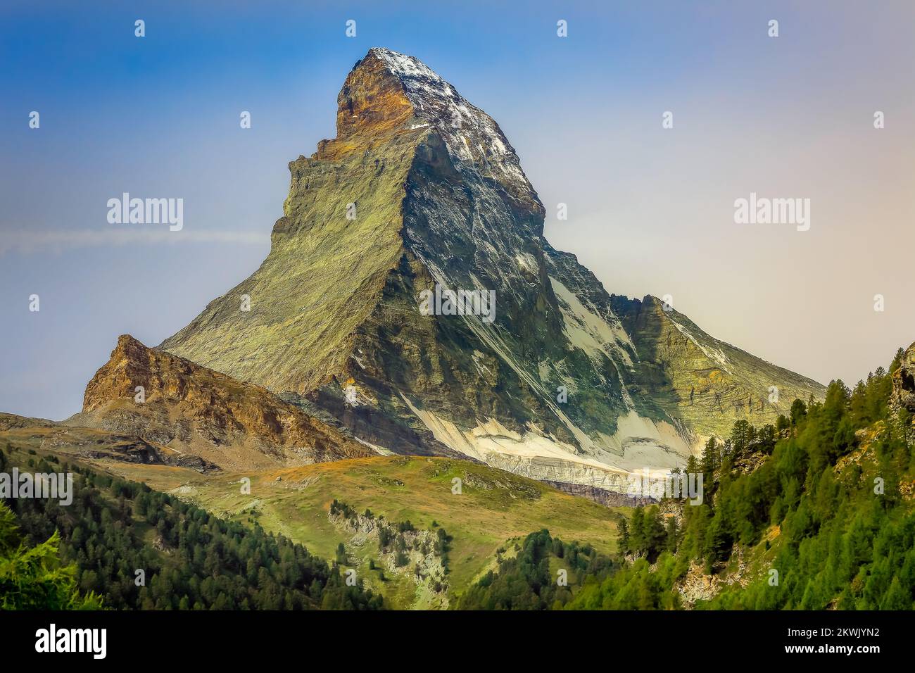Matterhorn above zermatt idyllic valley at sunrise, Swiss Alps Stock ...