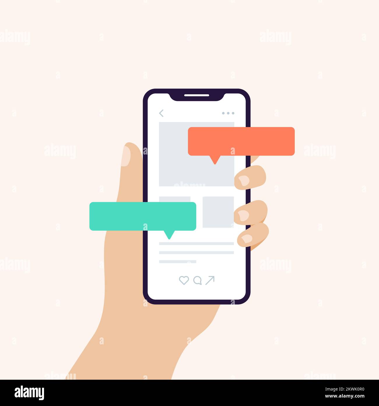 Hand holding smart phone in vertical position banner. Screen with ...