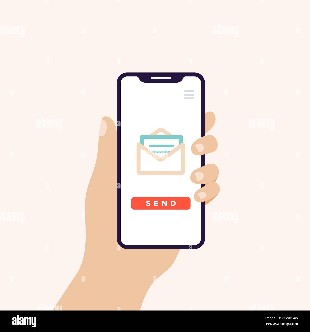 Hand holding smart phone in vertical position banner. Screen with open ...