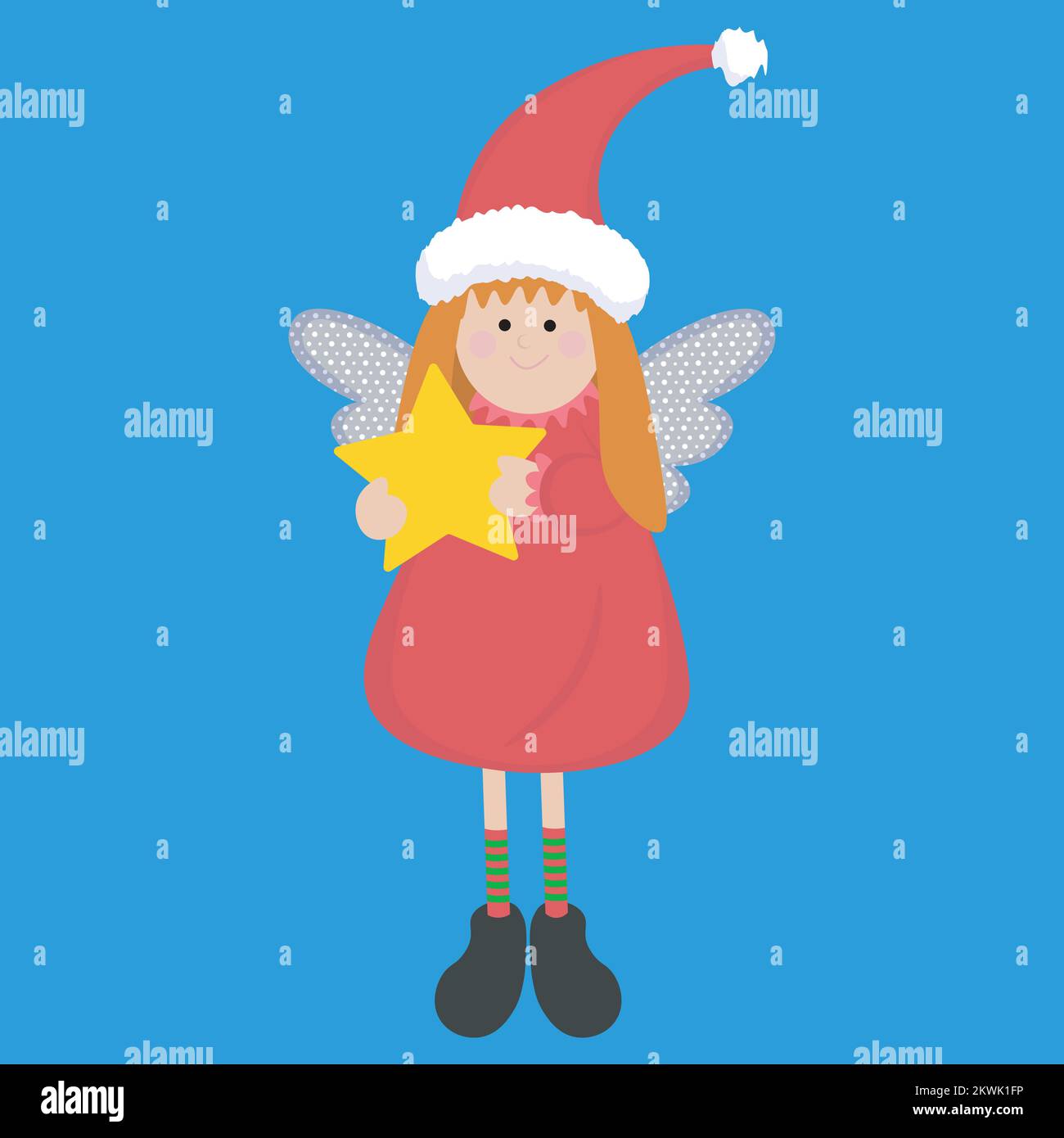 christmas character of angel in red dress with gold star in hands Stock ...