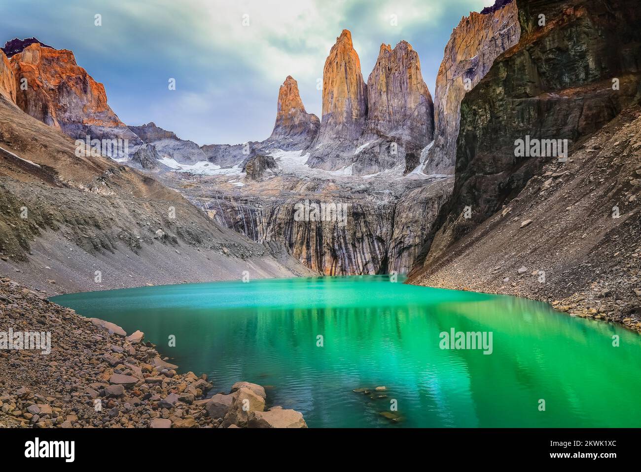 Torres Del Paine granites at sunrise and lake reflection, Chilean ...
