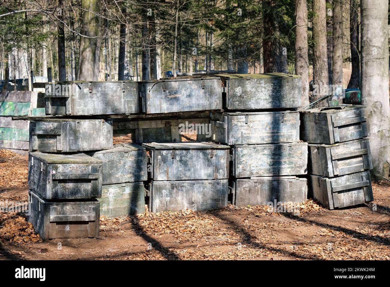 Wall made of chests and Paintball trunks to hide, fortification among ...