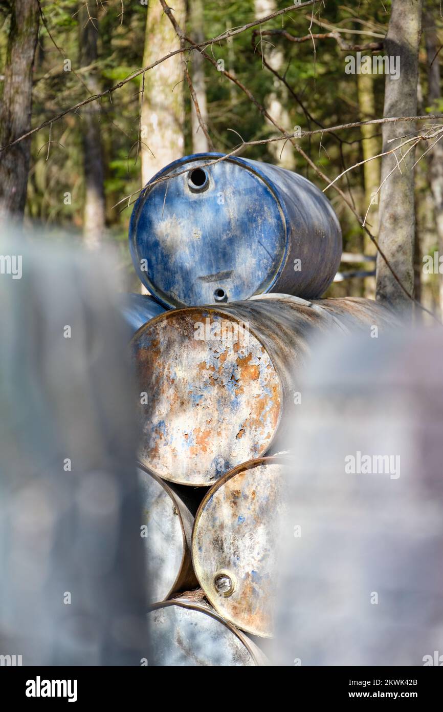 Metal barrels in the forest during the game, cover and shelter in ...
