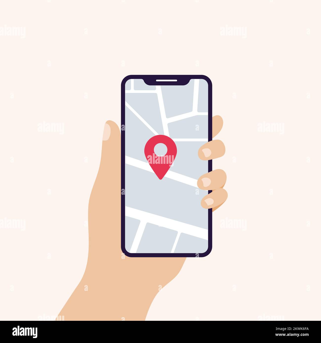 Hand holding smart phone in vertical position banner. Screen with map ...