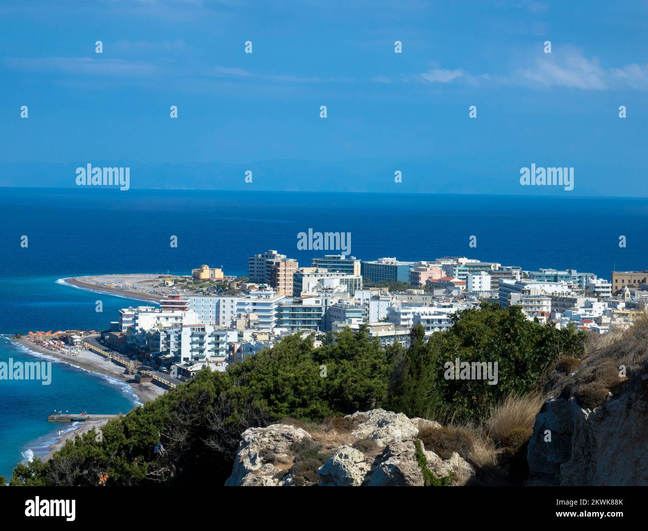 Aerial view of Rhodes city island with skycrapers and the famous Elli ...