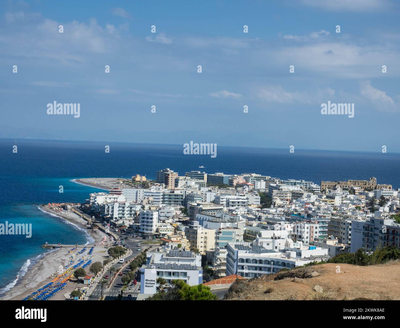 Aerial view of Rhodes city island with skycrapers and the famous Elli ...