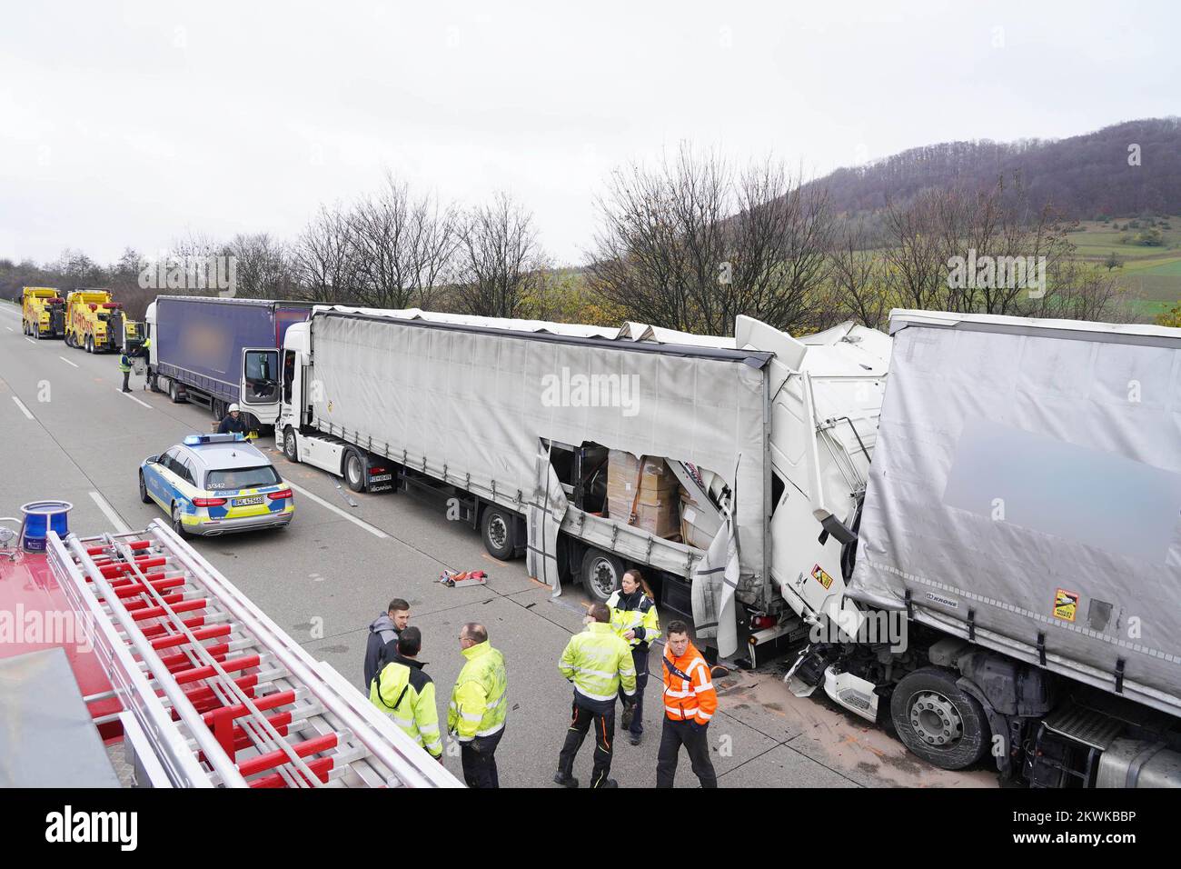 Gruibingen, Germany. 30th Nov, 2022. Two heavily damaged trucks are ...