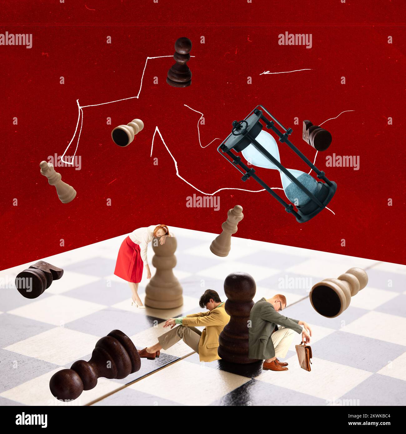 Contemporary art collage. Creative design. Young people playing chess ...