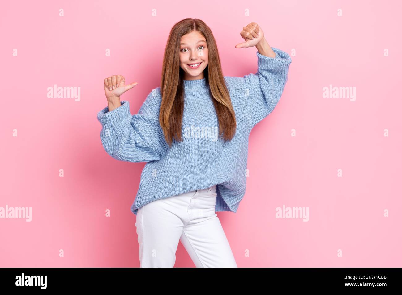 Photo of funky proud herself teenager schoolgirl wear blue knitted ...