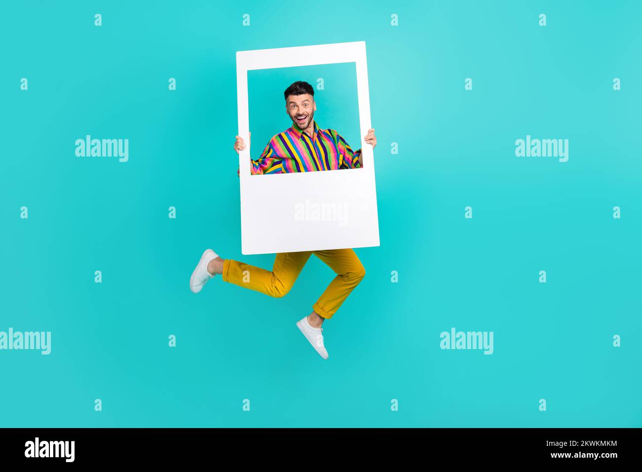 Full body length photo of funky jumping air trampoline man wear retro ...