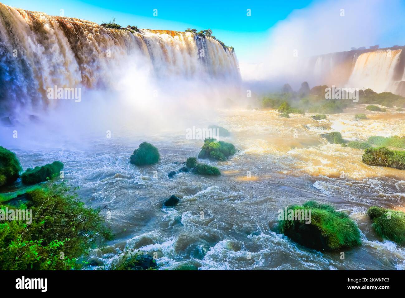 Above Iguacu falls with rainbow, Brazil and Argentina rainforest border ...