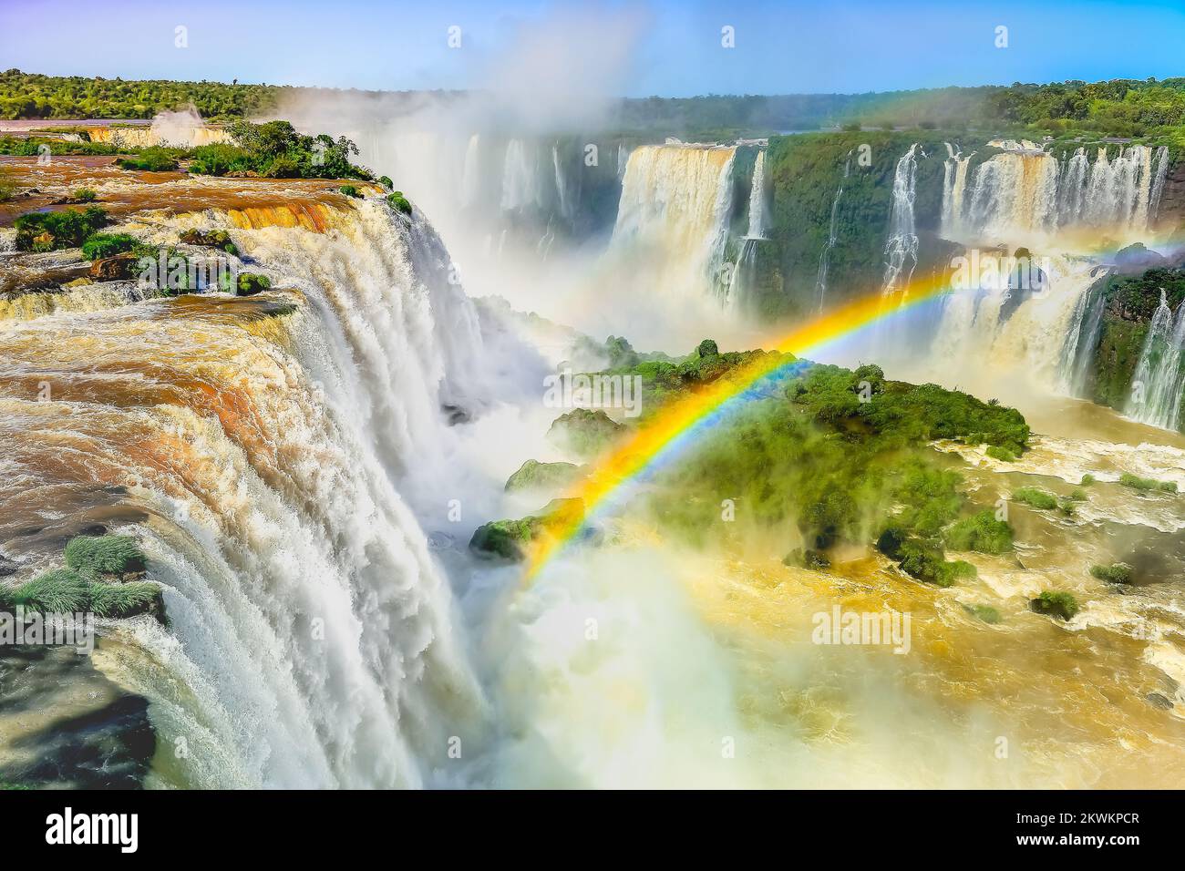 Above Iguacu falls with rainbow, Brazil and Argentina rainforest border ...