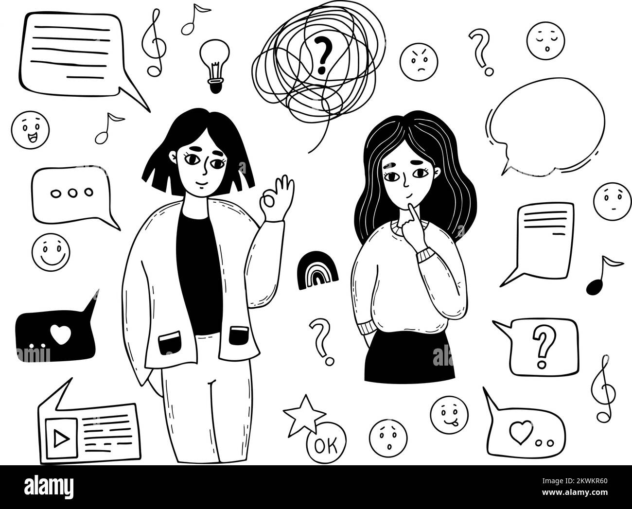Thoughtful cute girl and woman with ok gesture, emotions, text bubbles ...
