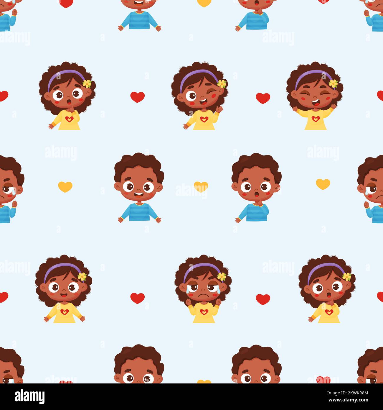 Seamless childrens pattern. Cute black boy and girl in flat cartoon ...