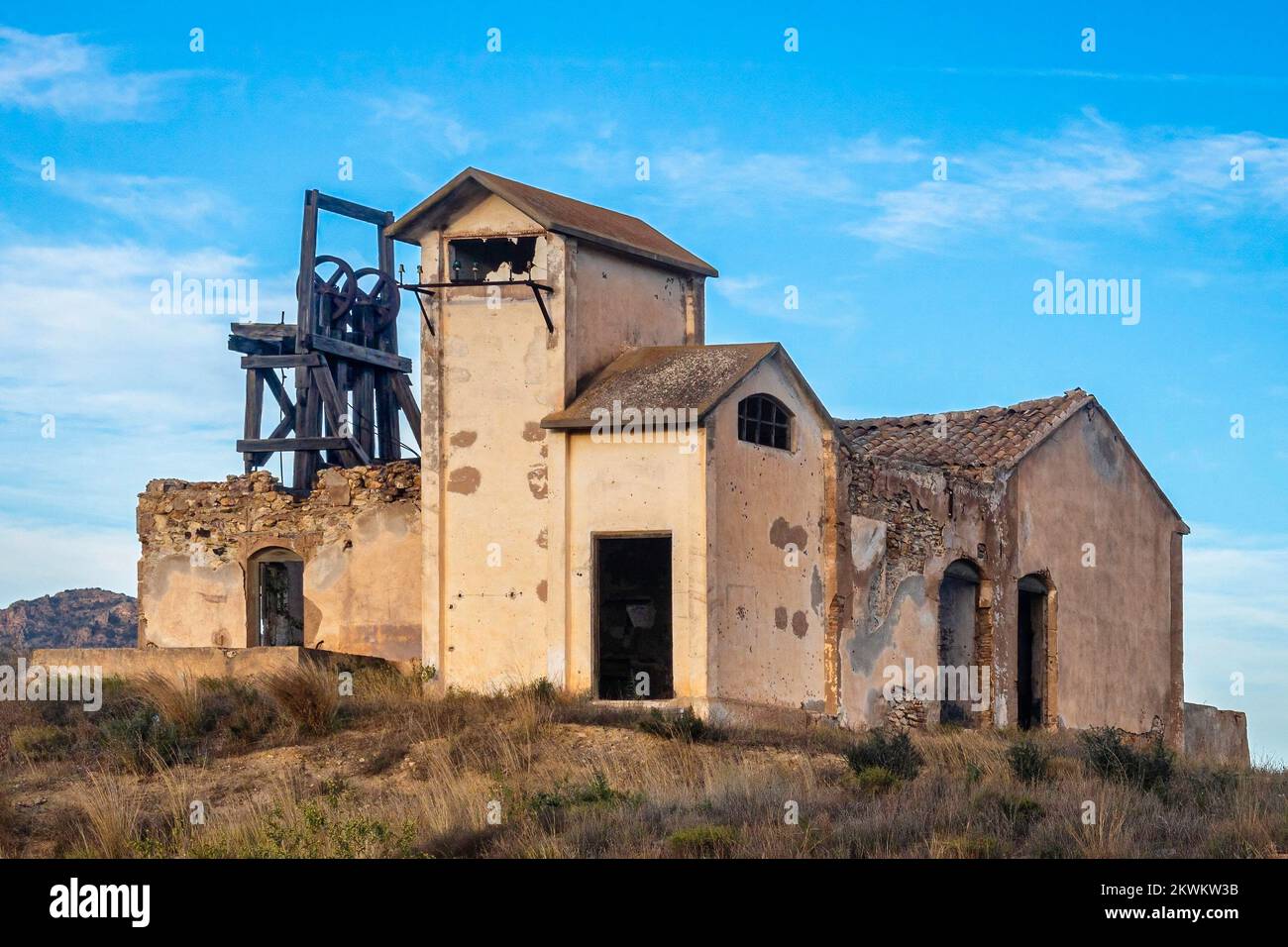 Ruins of a desolated mine with derrick and miners' buildings, Mazarron ...
