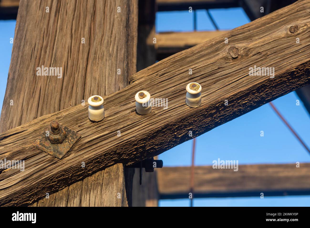 Close up and details of a wooden mine derrick made of large timber ...