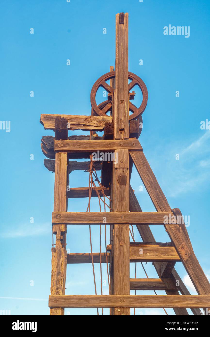 Wooden mine derrick with metal gears, Mazarron, Spain Stock Photo - Alamy