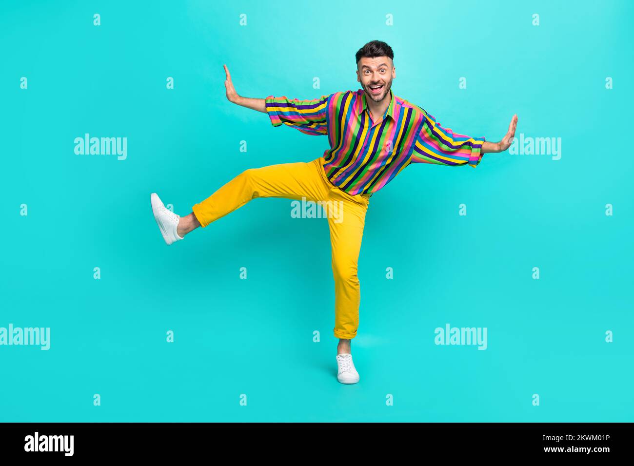 Full size photo of satisfied glad person enjoy dancing partying ...