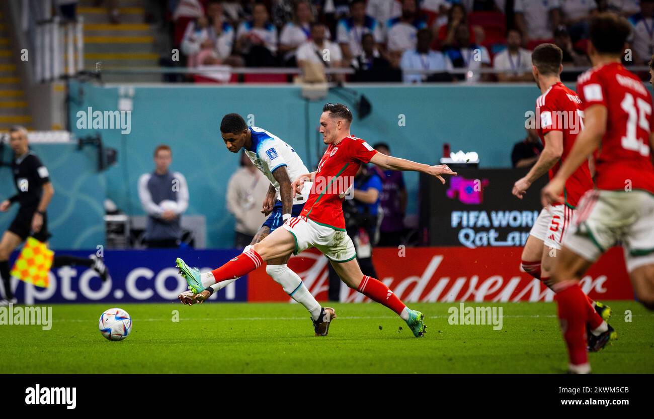 Doha, Qatar. 29th Nov, 2022. Marcus Rashford (England), Connor Roberts ...