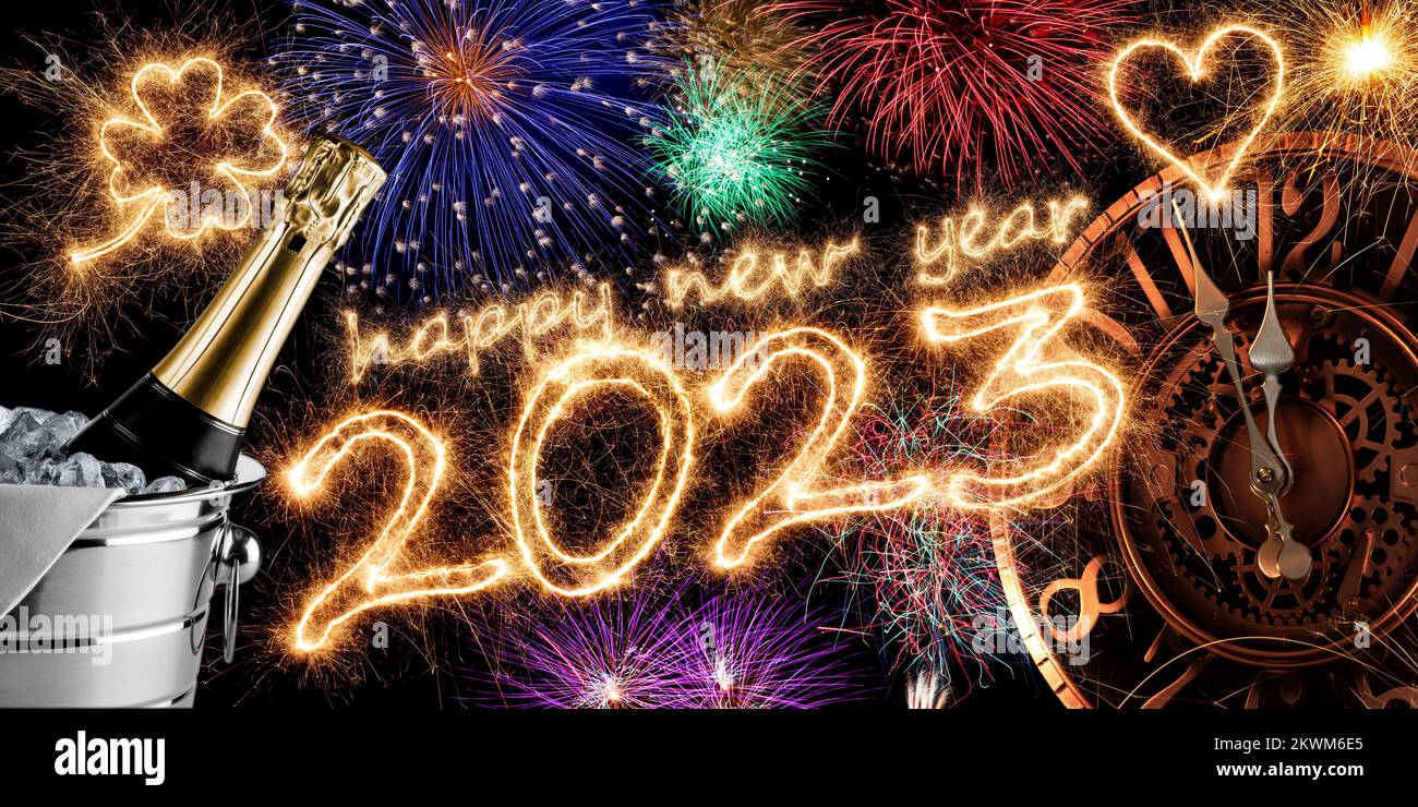 2023 sparkler number with golden clock champagne bottle in silver ...