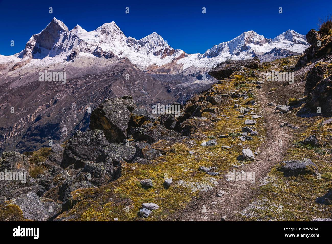 Trekking path, mountain pass in Huascaran, Cordillera Blanca, Ancash ...