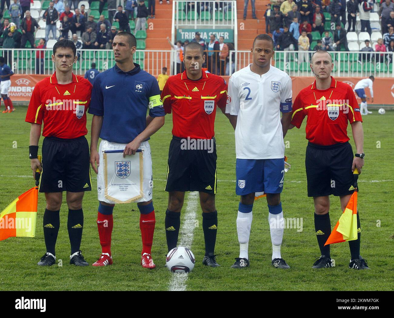 France captain Raphael Calvet and England captain Jordan Cousins prior ...