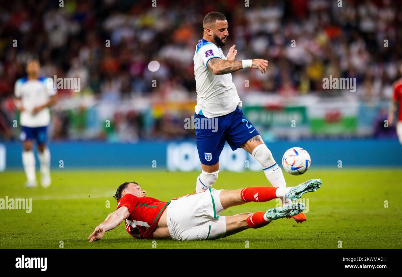 Doha, Qatar. 29th Nov, 2022. Kieffer Moore (Wales), Kyle Walker ...