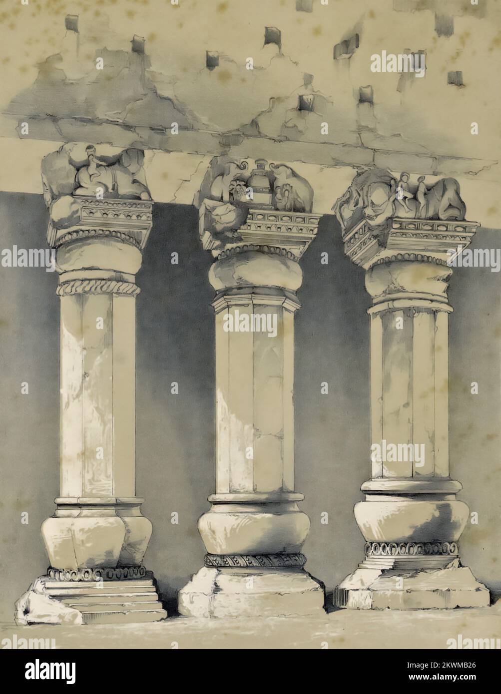 Pillars in Great Chaitya Cave, Kannari. from the book ' Illustrations ...