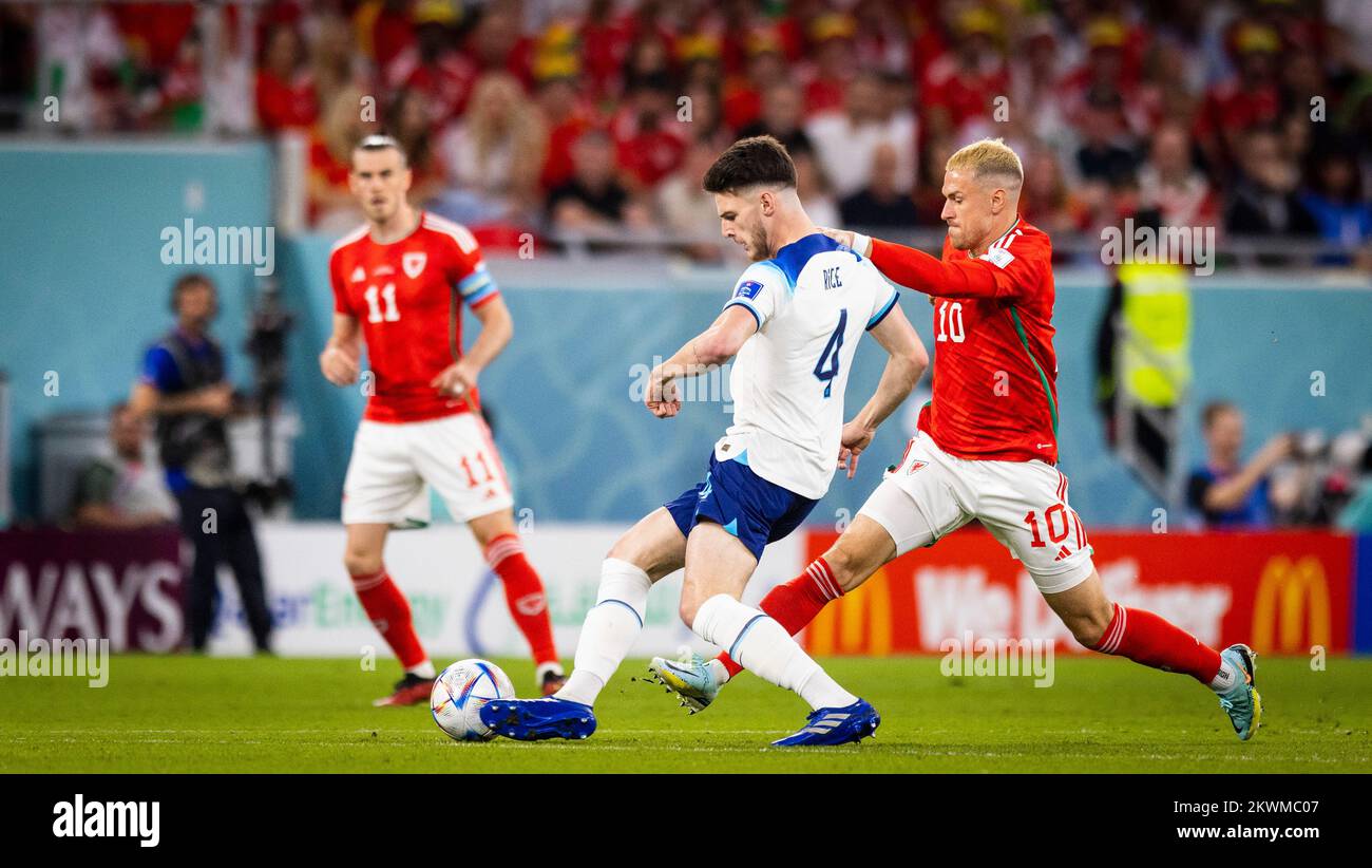 Doha, Qatar. 29th Nov, 2022. Declan Rice (England), Aaron Ramsey (Wales ...