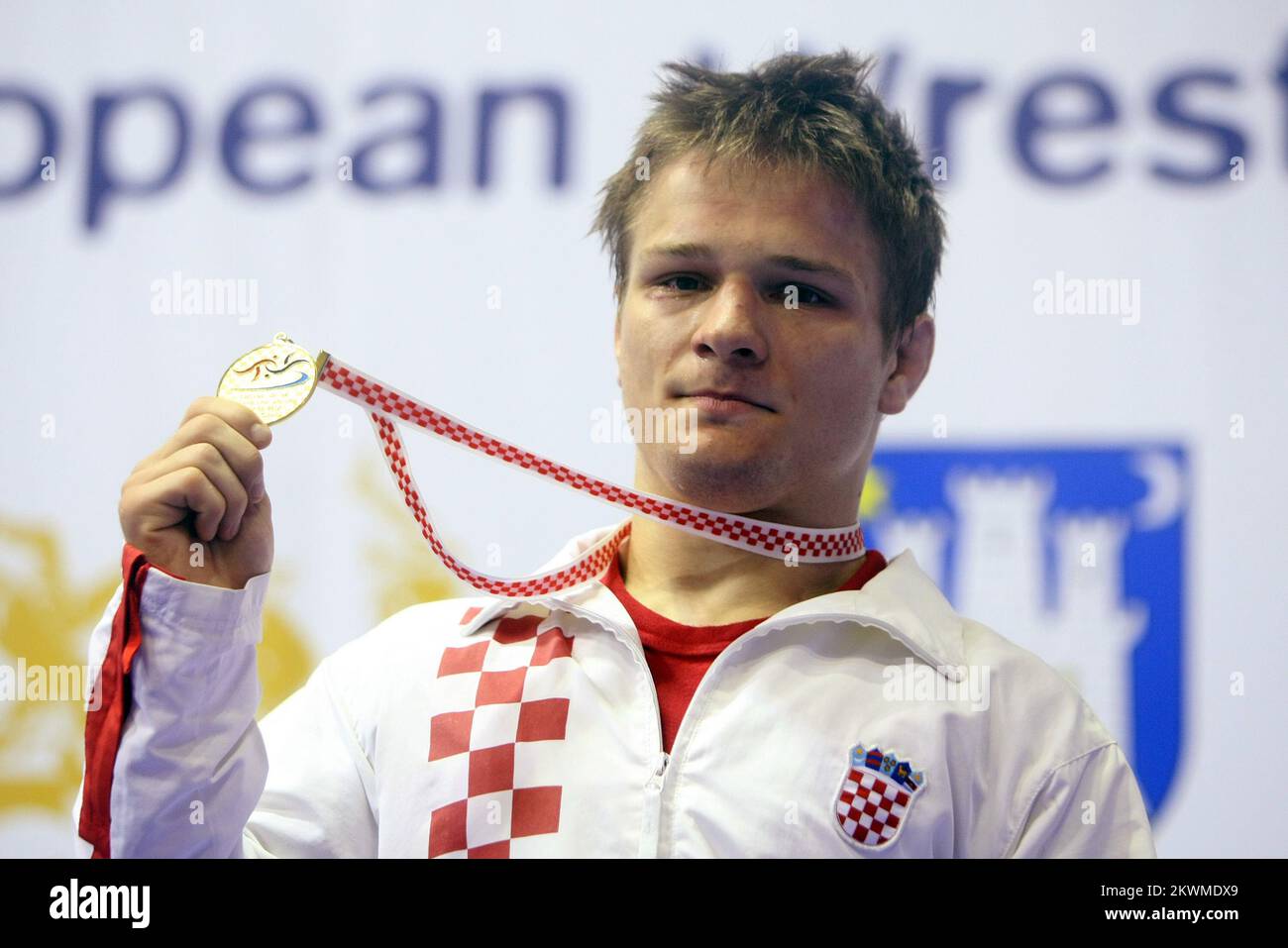 Zagreb, Croatia: Dominik Etlinger from Croatia poses on the podium ...