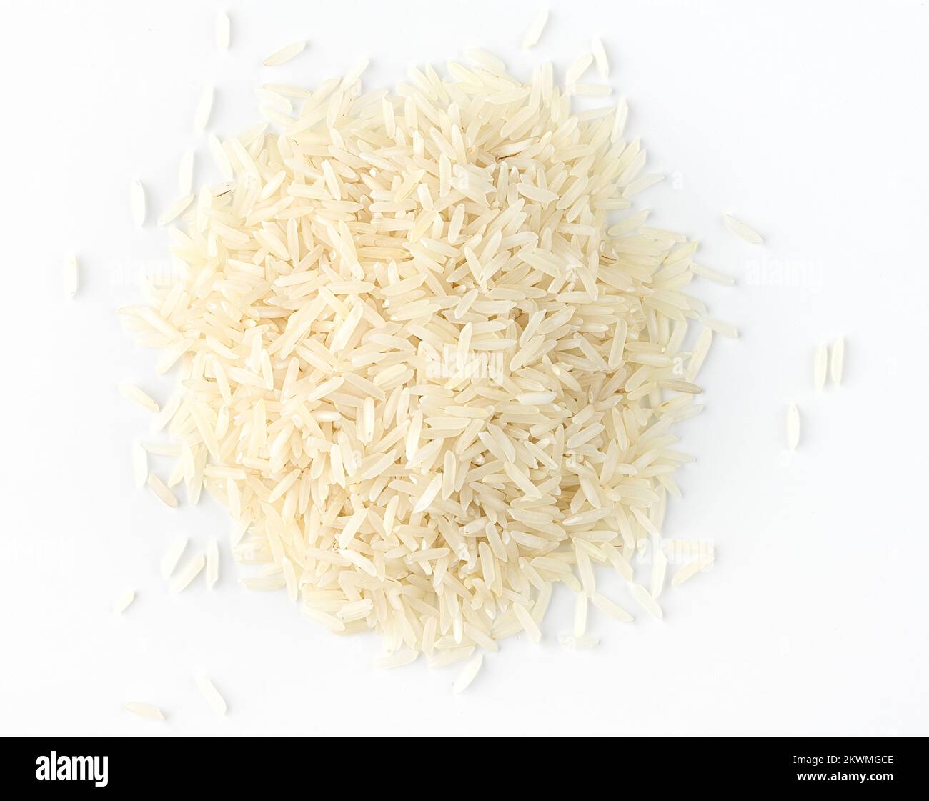Dry white long rice basmati pile on a white background. Directry above ...