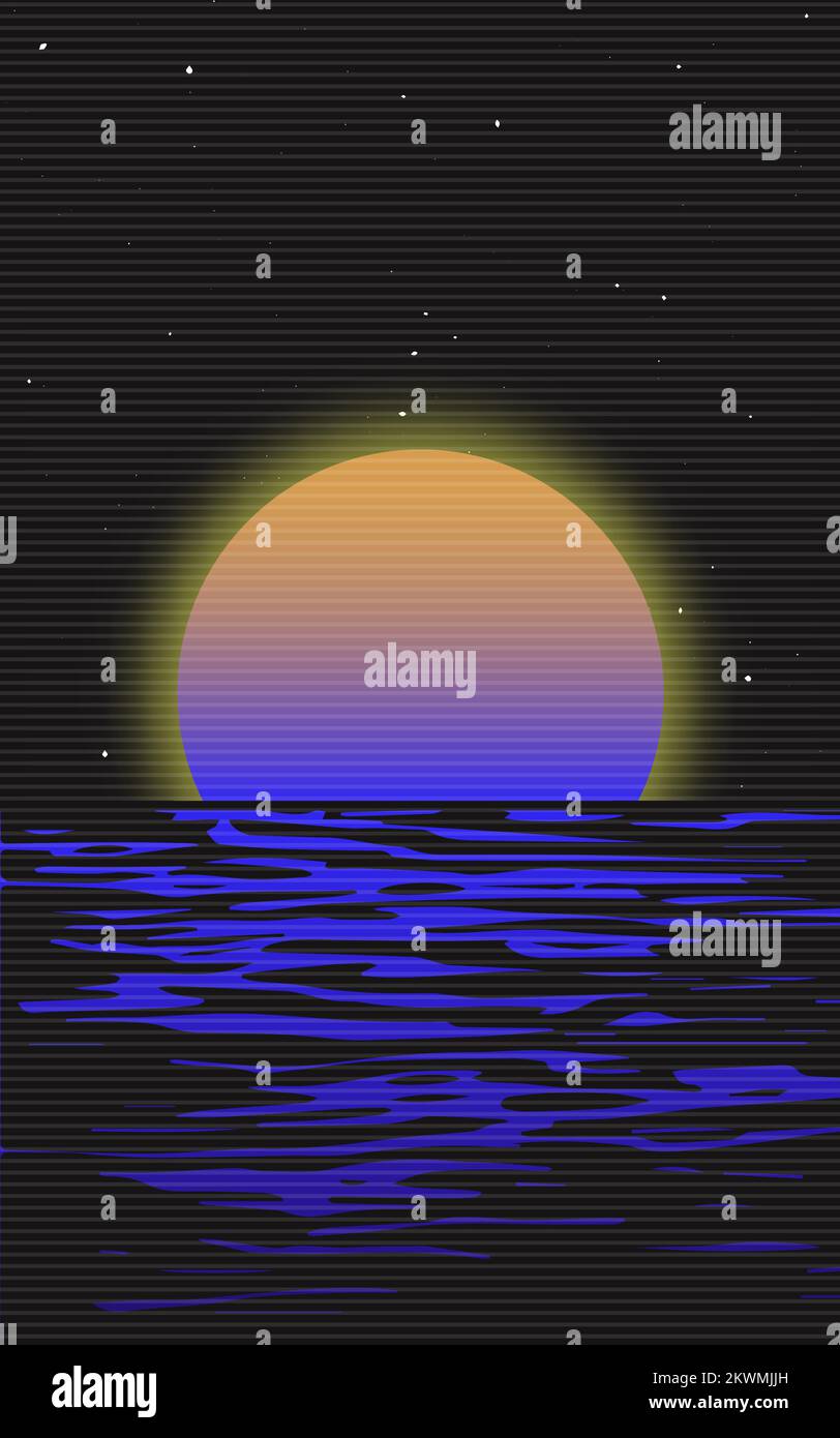Sunset, stars and see. Synthwave graphic for poster. 80's retro design ...