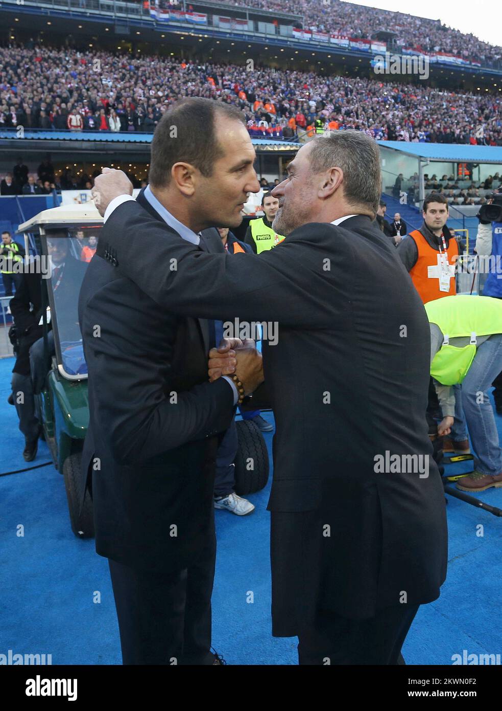 Manager Igor Stimac and mayor of Zagreb Milan Bandic embrace after the ...