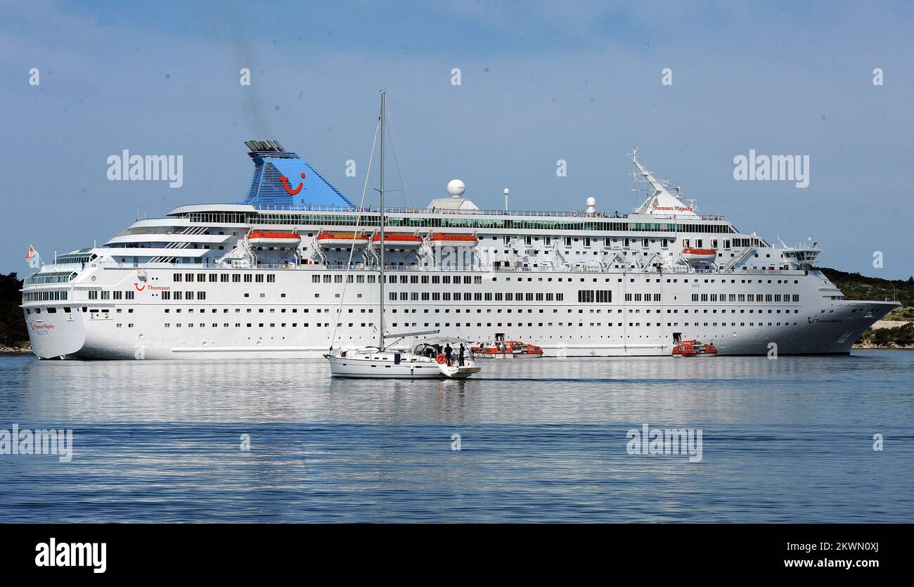 The British Cruise ship Thomson Majesty is seen anchored in front of ...